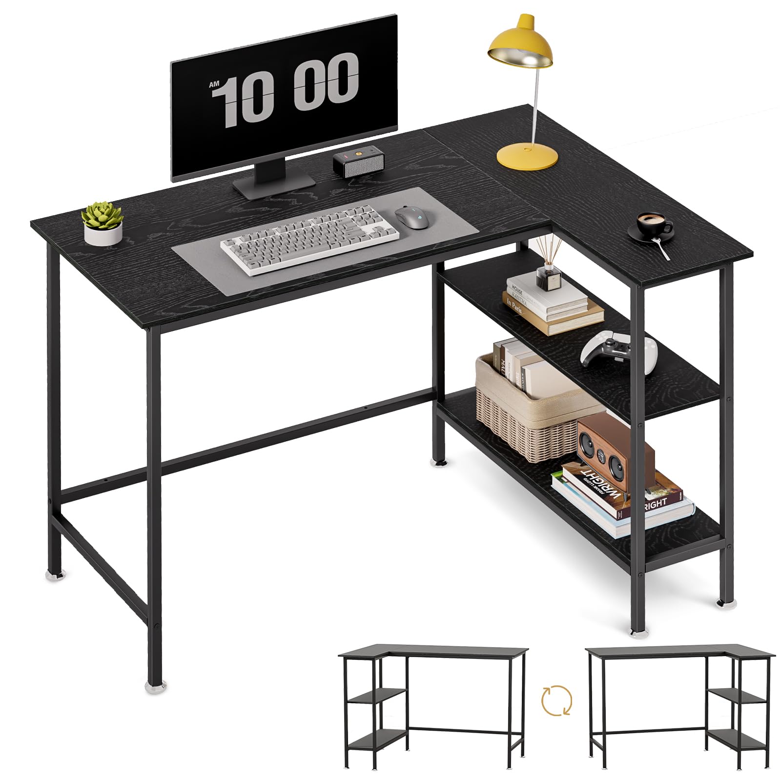 GZSHIYITECH 43" L Shaped Office Desk with Reversible Storage Shelves Can be Used as a Game Desk or Computer Desk Modern Design Corner Desk （Black）