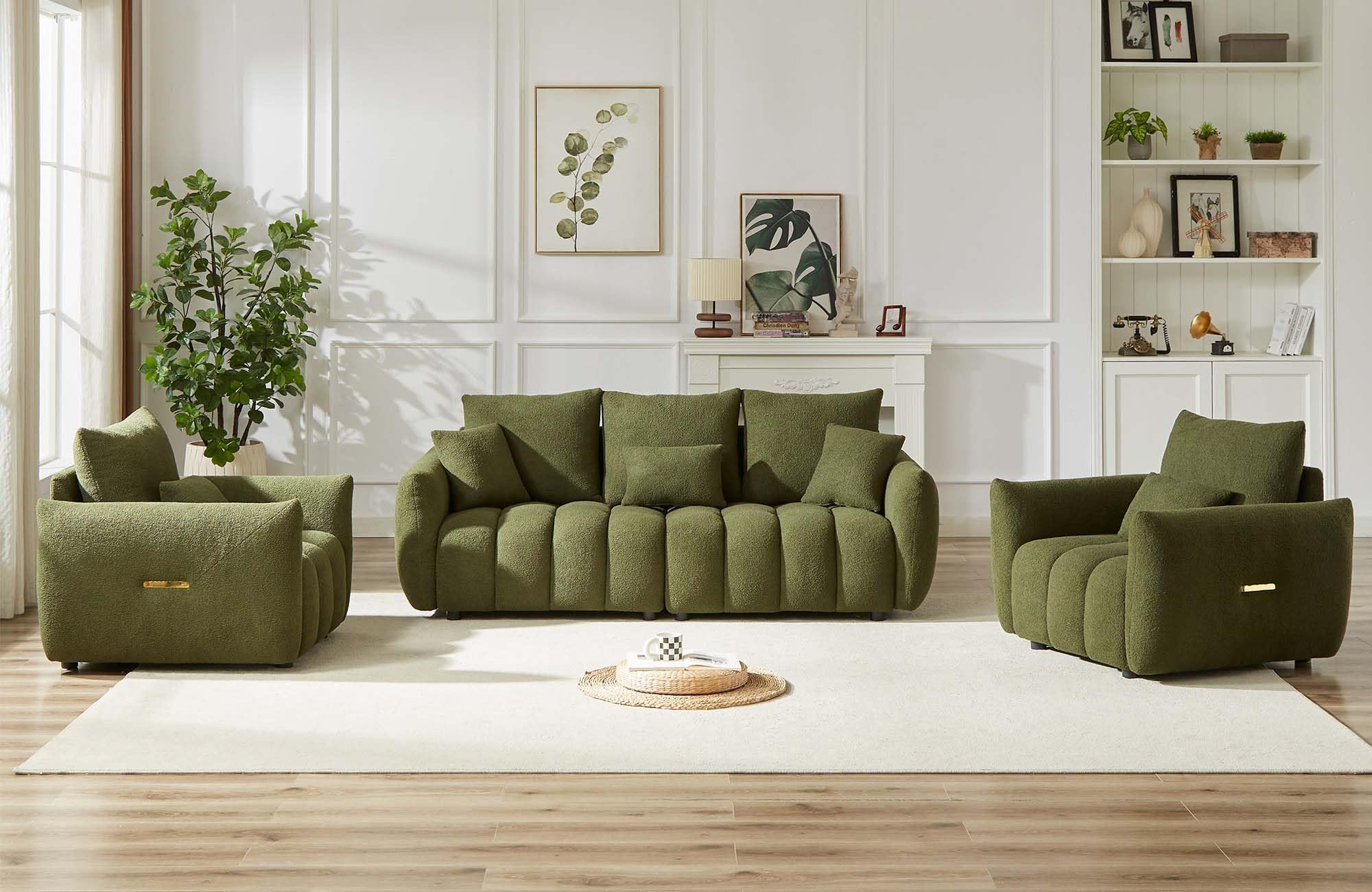 Antetek Teddy Sofa Set for Living Room, Modern Deep Seat Sofa Chair and Oversized 3-Seater Cloud Boucle Couch for Bedroom, Office, Apartment, Furniture Set, Green (2 Piece)