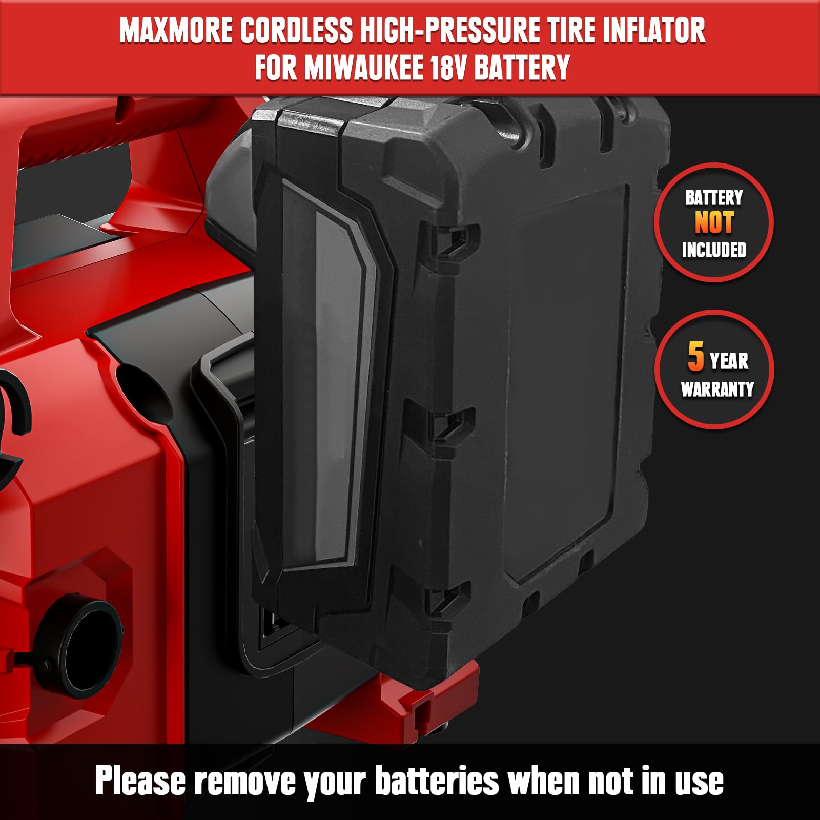 Cordless Tire Inflator for Milwaukee 18V Battery, 160 PSI High Pressure Portable Air Compressor with Digital Gauge, Auto Shut Off, LED Light For Balls, Tires, Swim Toys (Tool Only)