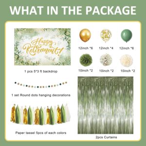 Sage Green Retirement Party Decorations - Happy Retirement Banner Foil Curtains Backdrop Tissue Paper Pom Poms Latex and Confetti Balloons for Retirement Party Supplies