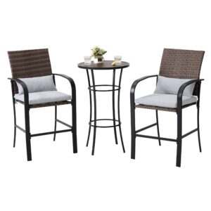 Orweiin Outdoor Bar Table Set for 2,Patio Bar Height Table and Chairs Set with Soft Cushions and Steel Frame,Khaki