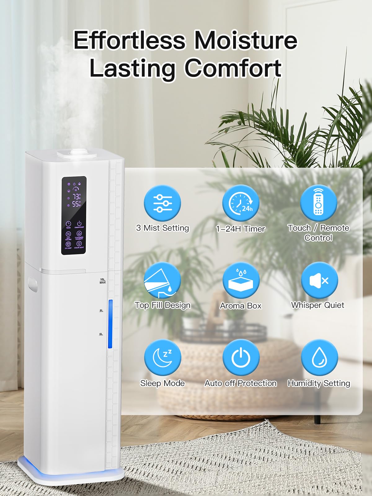 Petsaint Humidifiers for Bedroom, 2.64Gal/10L Ultrasonic Cool Mist Humidifier Large Room, Covers 550ft², Top Fill, 24H Timer, 60H Runtime, 3 Mist Mode Quiet Humidifiers for Home, Office, Plant, White