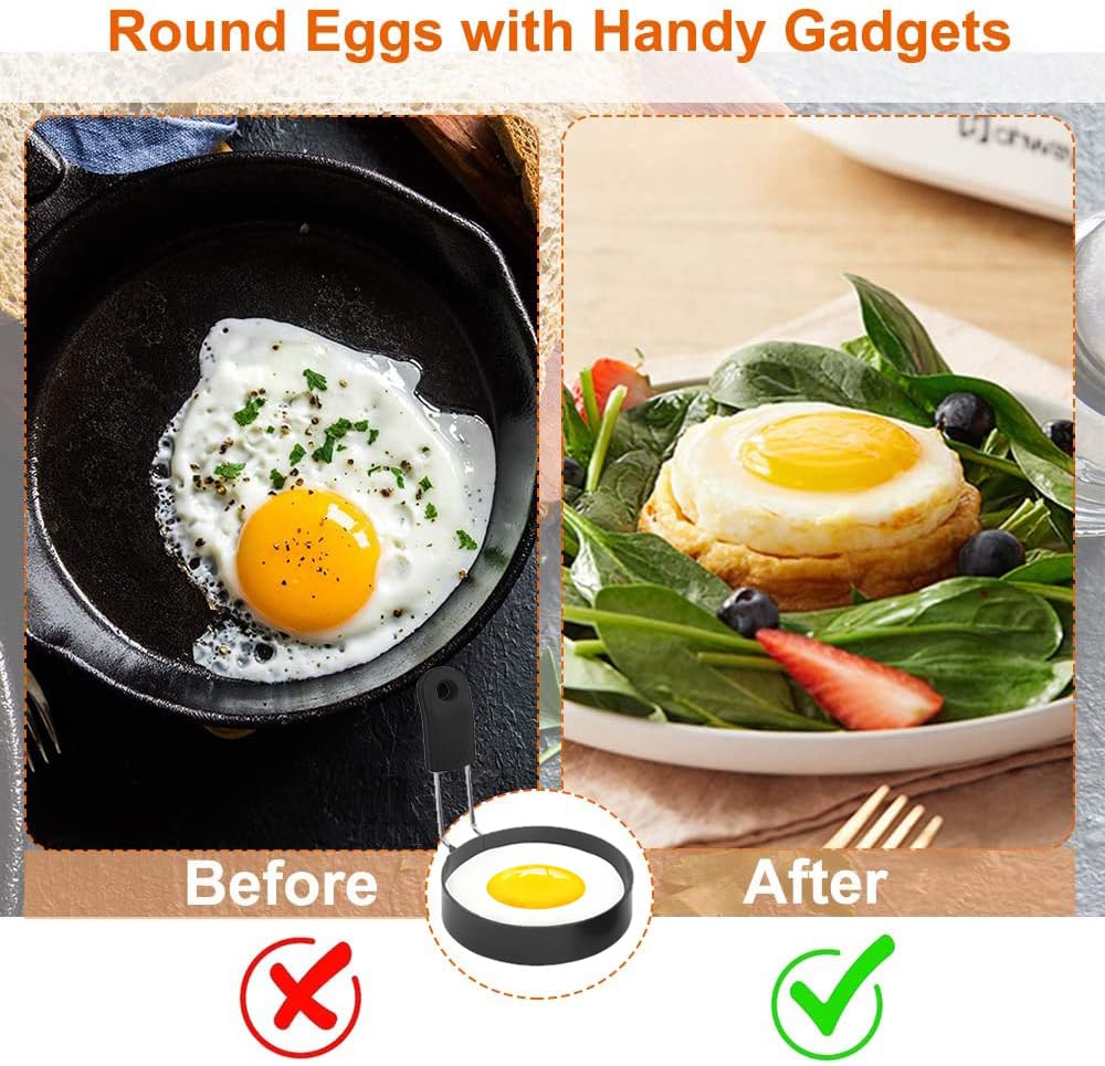 3.5 Inch Egg Rings for Frying Eggs and English Muffins, Stainless Steel Egg Rings with Foldable Handle 2 Pack, Round Egg Mold Circle Shaper with Extra Oil Brush for Cooking Breakfast Sandwich Burger