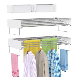 gorblos wall mounted drying rack, foldable laundry rack, collapsible drying rack, 5 stainless rods, wall mounted clothing rod with 2 towel bar, 90 lb capacity, 31.5" white