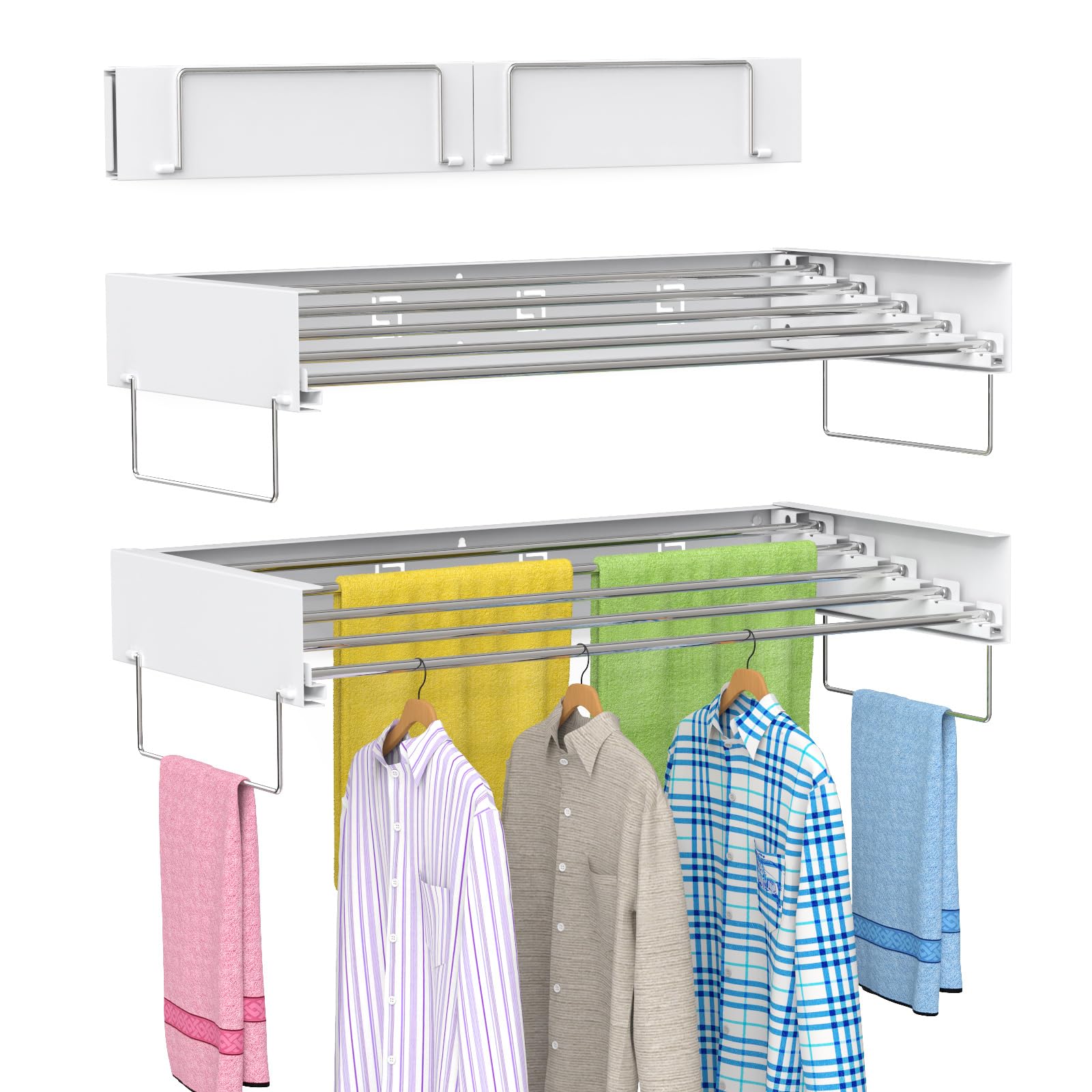 Gorblos Wall Mounted Drying Rack, Foldable Laundry Rack, Collapsible Drying Rack, 5 Stainless Rods, Wall Mounted Clothing Rod with 2 Towel Bar, 90 lb Capacity, 31.5" White