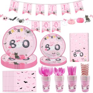 mehofond little boo baby shower decorations for girl, halloween tableware set 194pcs, halloween plates and napkins for baby shower, little boo birthday banner, halloween party supplies , serves 24