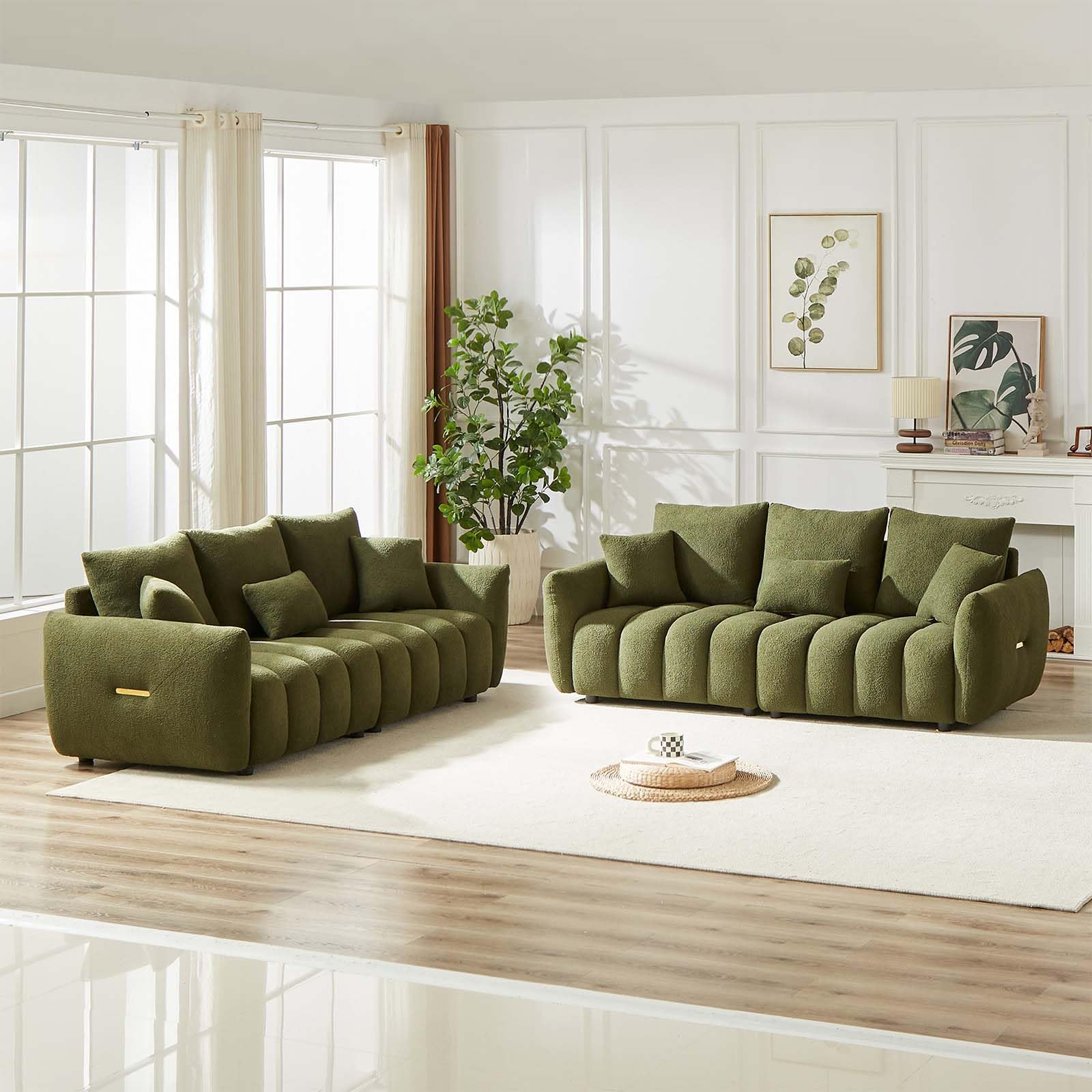 Antetek Teddy Sofa Set for Living Room, Modern Deep Seat Sofa Chair and Oversized 3-Seater Cloud Boucle Couch for Bedroom, Office, Apartment, Furniture Set, Green (2 Piece)