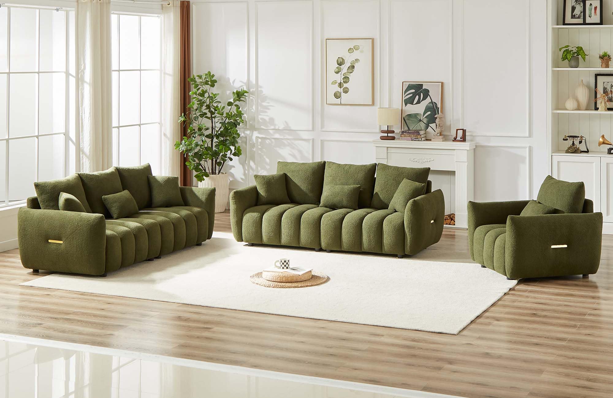 Antetek Teddy Sofa Set for Living Room, Modern Deep Seat Sofa Chair and Oversized 3-Seater Cloud Boucle Couch for Bedroom, Office, Apartment, Furniture Set, Green (2 Piece)