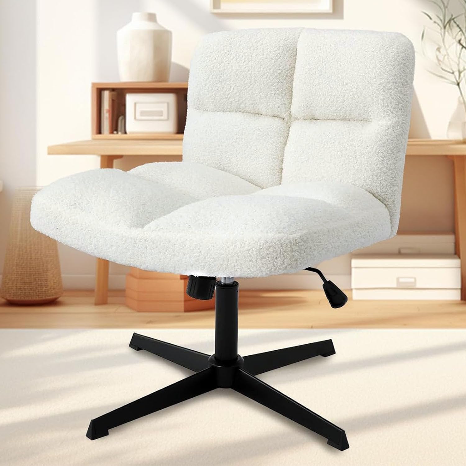 TIMSATIO Criss Cross Chair, Comfy Desk Chair Armless Office Chair No Wheels, Wide Vanity Chair with Back, Height Adjustable Reclining Office Chair Modern Swivel Accent Chair for Home Office (White)