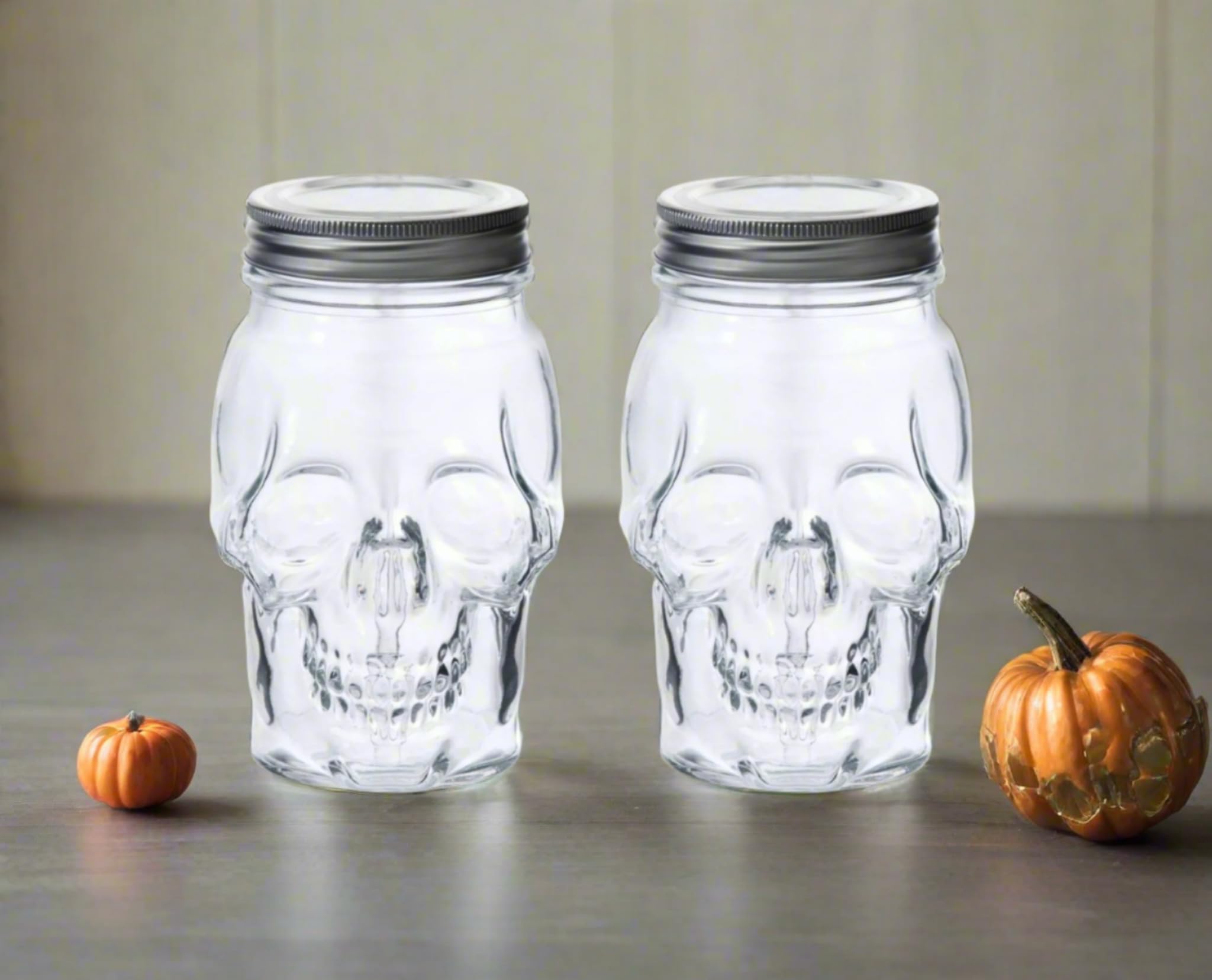 DURA LIVING Set of 2 Skull Mason Jar Glasses with Lids | 16oz Reusable Halloween Drinking Glasses | Unique Skull Décor, Storage, & Canning Jars for Parties & Gifts