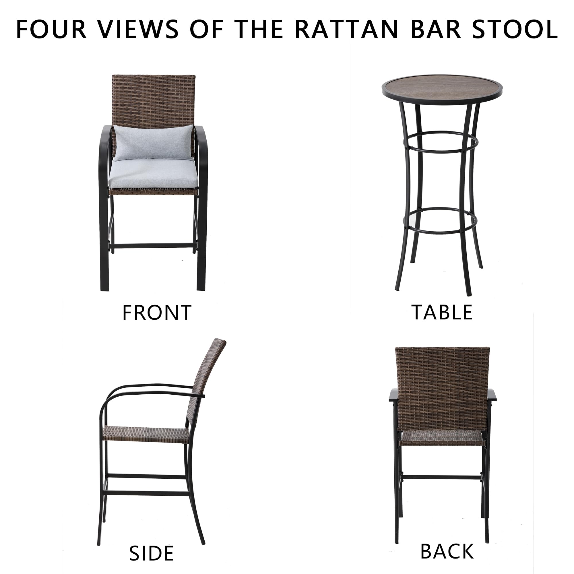 Orweiin Outdoor Bar Table Set for 2,Patio Bar Height Table and Chairs Set with Soft Cushions and Steel Frame,Khaki