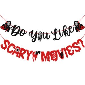 do you like scary movies banner, horror halloween banner, halloween birthday party decorations, horror birthday decorations, halloween ghostface decor, glitter halloween decor, pre-strung