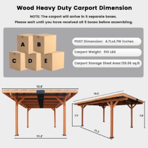 Beneouya 18.3 x 12.6 x 7.8 FT Heavy Duty Wooden Carport, Outdoor Carport Garage Shelter with Steel Roof, Hardtop Gazebo Pergola for Parking Vehicles, Boats on Patio, Garden