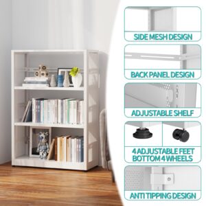 Metal Storage Shelves with Wheels,3 Tier Bookshelf with Storage,Bookshelf with Storage,White Bookcase with 2 Adjustable Shelves,Office Shelves for Living Room,Classroom,Library