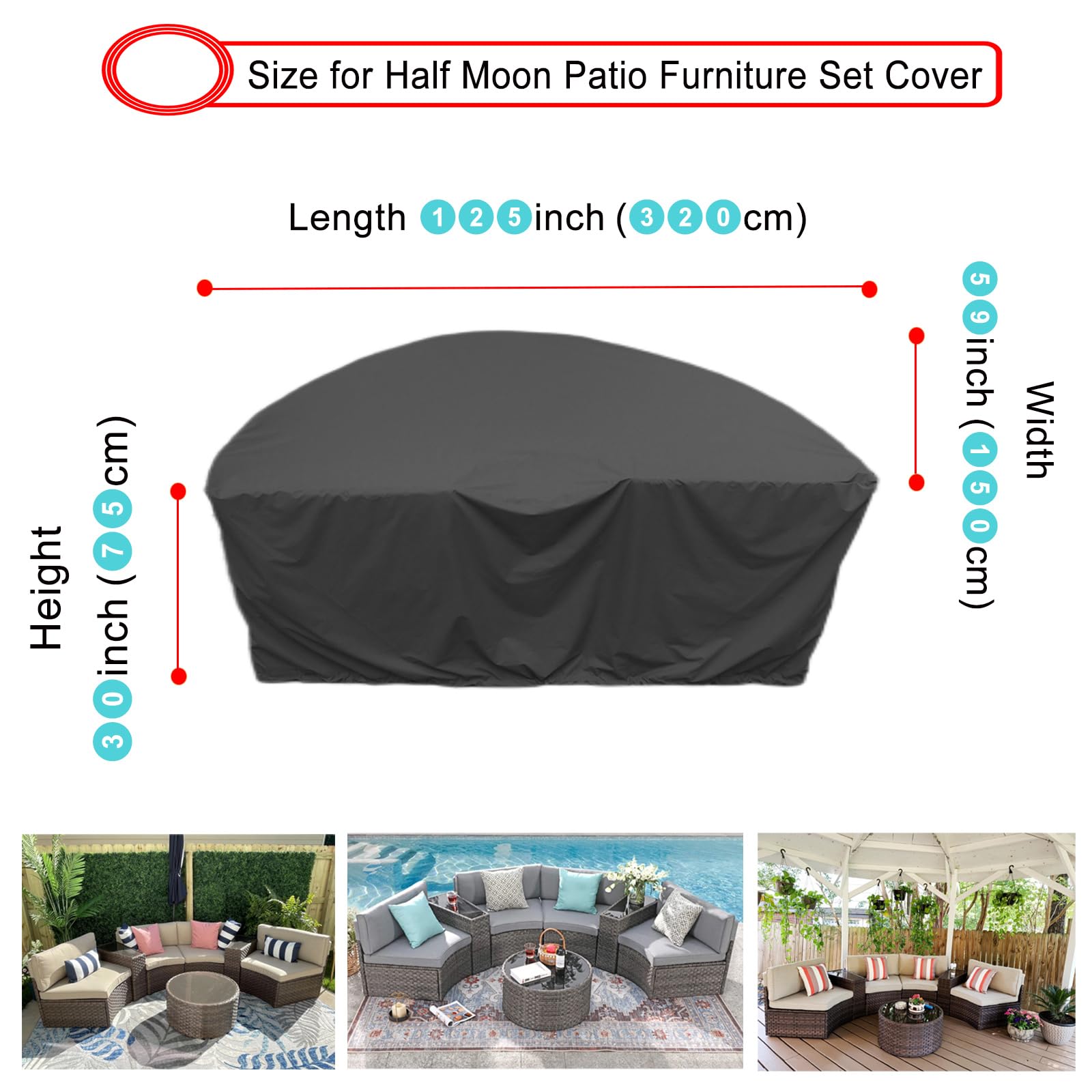 ZHMIZHAM Half Moon Patio Furniture Set Covers, Half Moon Outdoor Sectional Cover Waterproof, Semi Circle Patio Sofa Couch Cover with Drawstring and Adjustable Shoulder Strap (125 * 59 * 30inch,Black)