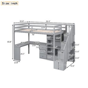 Wood Loft Bed Twin Size, Multifunctional Twin Bed Frame with L-Shaped Desk and Drawers, Cabinet and Storage Staircase, Gray