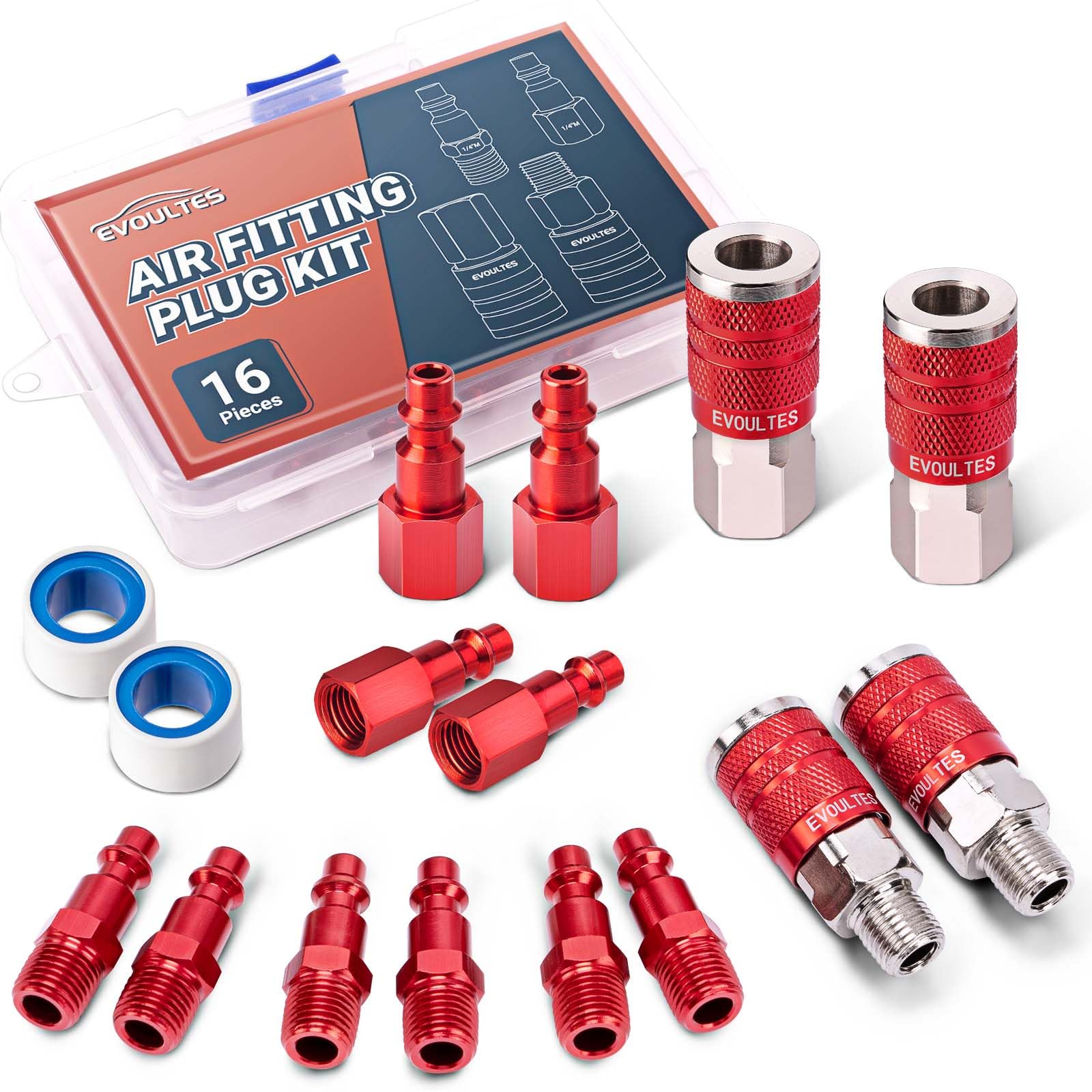 EVOULTES 16 Pieces Universal 1/4" NPT Air Hose Fittings & Air Coupler Kit, Lightweight Aluminium Air Fittings Kit with Quick Connect Air Plug, Pneumatic Air Tool Fitting for Air Compressor Accessories