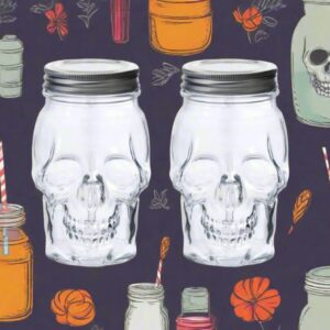 DURA LIVING Set of 2 Skull Mason Jar Glasses with Lids | 16oz Reusable Halloween Drinking Glasses | Unique Skull Décor, Storage, & Canning Jars for Parties & Gifts