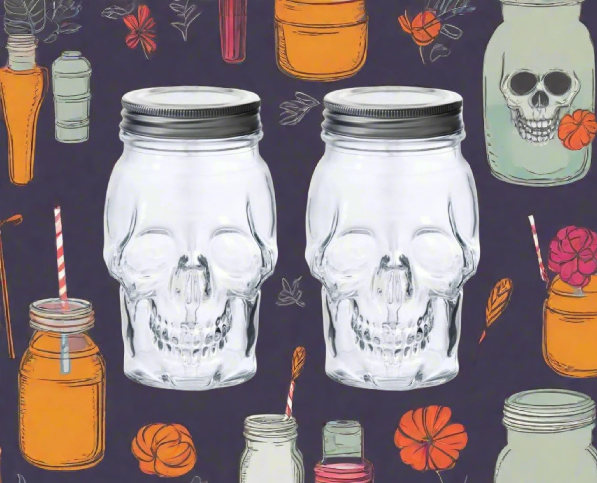 DURA LIVING Set of 2 Skull Mason Jar Glasses with Lids | 16oz Reusable Halloween Drinking Glasses | Unique Skull Décor, Storage, & Canning Jars for Parties & Gifts