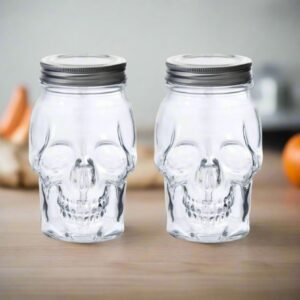 DURA LIVING Set of 2 Skull Mason Jar Glasses with Lids | 16oz Reusable Halloween Drinking Glasses | Unique Skull Décor, Storage, & Canning Jars for Parties & Gifts