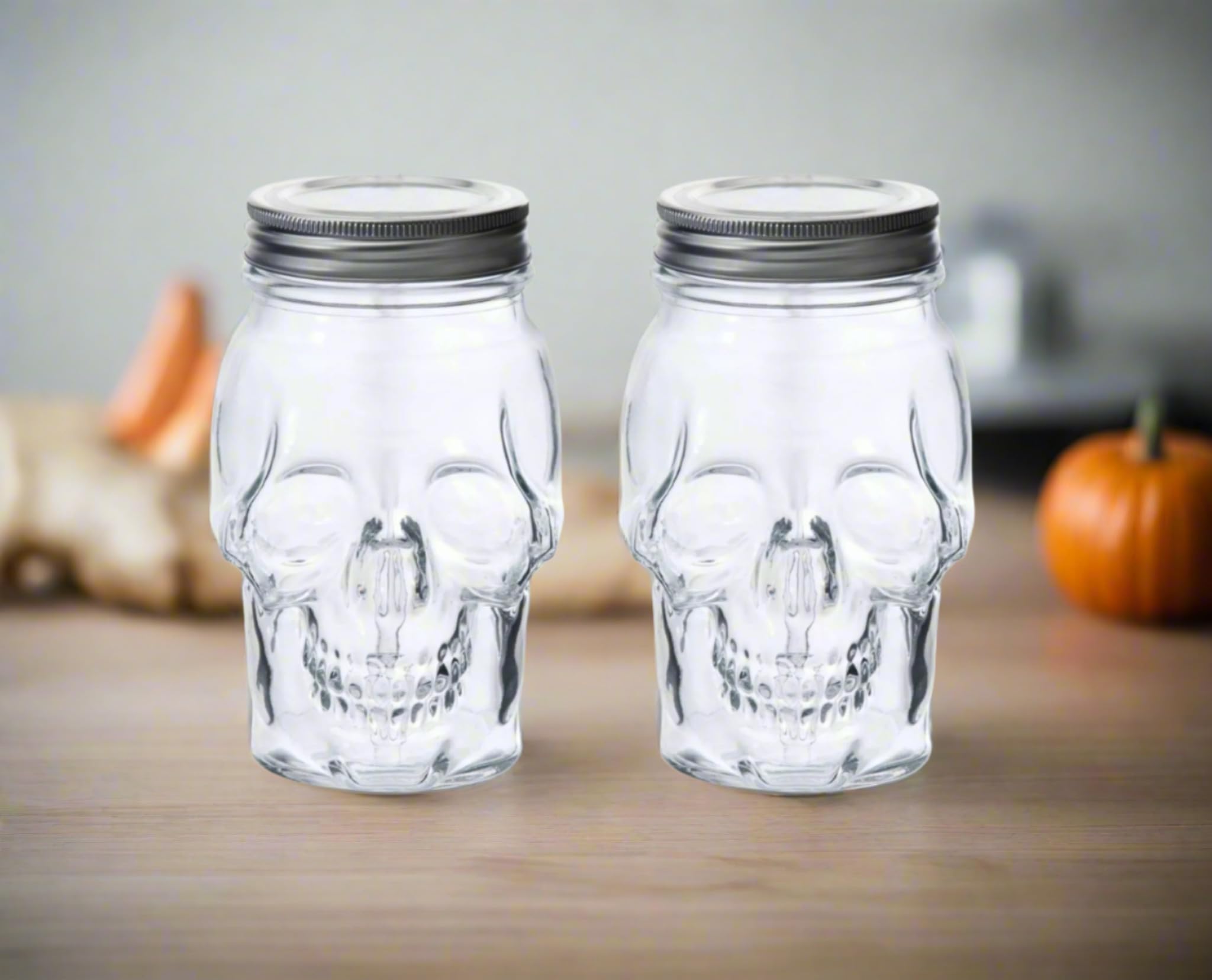 DURA LIVING Set of 2 Skull Mason Jar Glasses with Lids | 16oz Reusable Halloween Drinking Glasses | Unique Skull Décor, Storage, & Canning Jars for Parties & Gifts