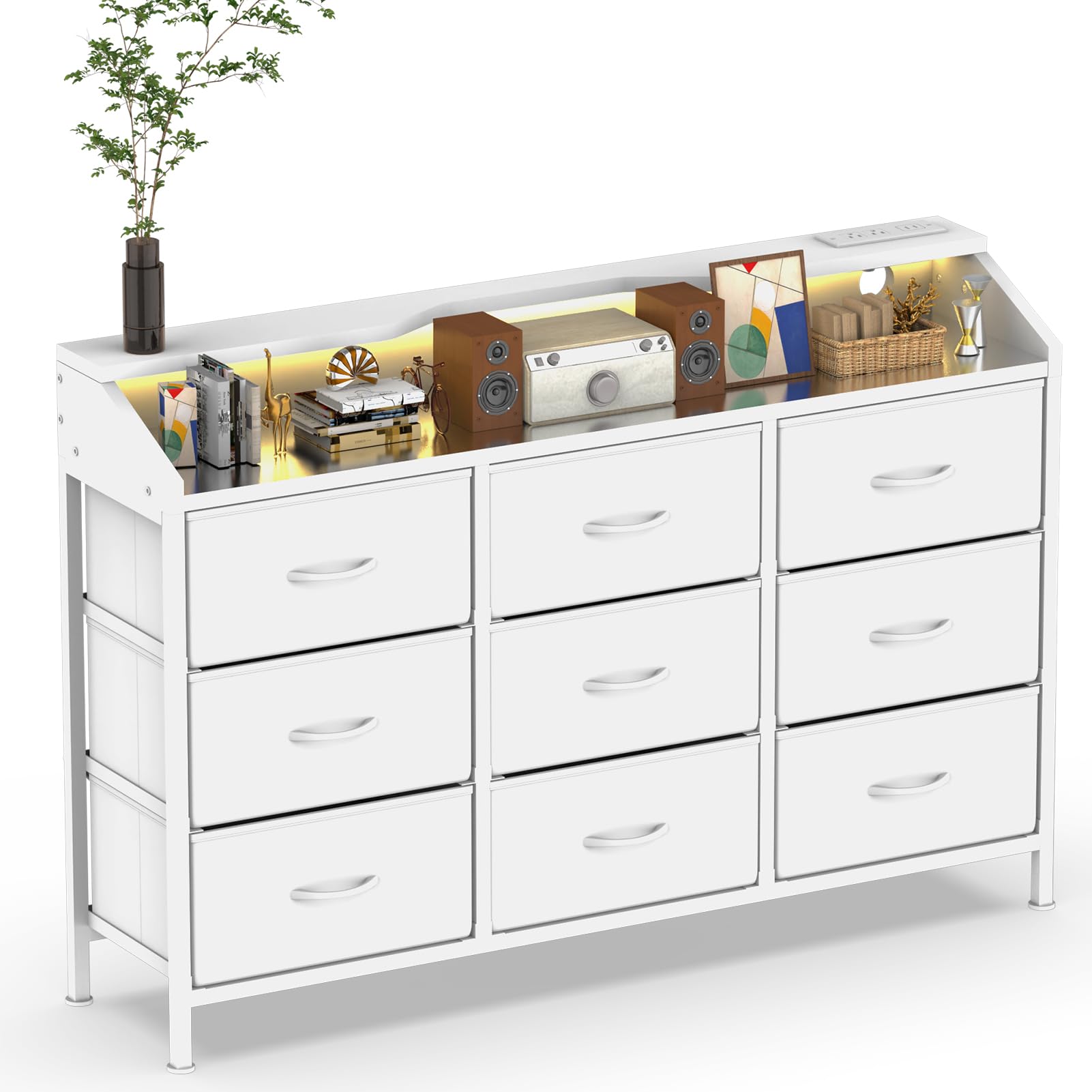 White Dresser for Bedroom, 9 Drawers Dresser with LED Lights & Charging Station, Large Fabric Dresser with PU Finish, Kids Adults Chest of Drawers with Sturdy Frame for Entryway Closet Living Room