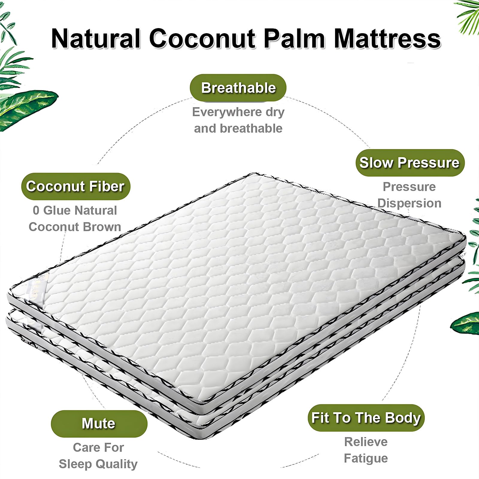 Enchantia Natural 3E Coconut Mattress, 2 in Queen Folding Mattress, Breathable Coir Mattress, Ergonomic Design Stress Reliever Portable Mattress for People Who Like Firm Mattress,A,90x200x5cm(36"x80"x