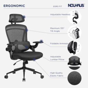 Nouhaus Ergo Fit Ergonomic Mesh Office Chair High Back Adjustable Lumbar Support Headrest and Adjustable Flip-up Armrests, Comfy Desk Chairs Swivel Computer Gaming Chair Tilt Function(N20, Black)