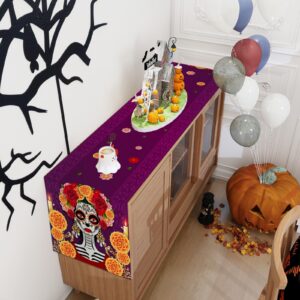 Linen Dia De Los Muertos Table Runner 72 Inches Long Day of The Dead Tablecloth Mexican Fiesta Themed Party Decorations and Supplies for Home Kitchen Dining Room Table