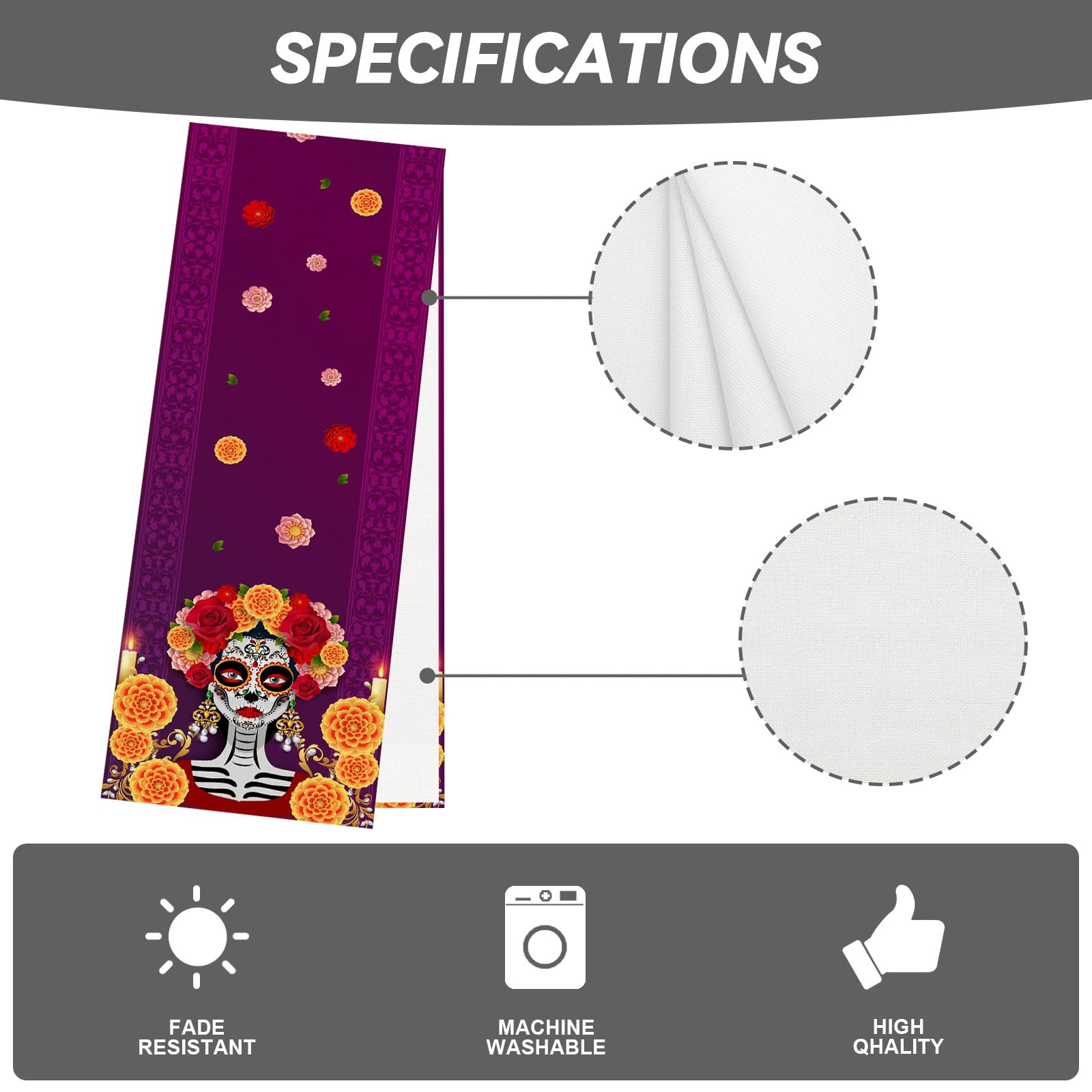 Linen Dia De Los Muertos Table Runner 72 Inches Long Day of The Dead Tablecloth Mexican Fiesta Themed Party Decorations and Supplies for Home Kitchen Dining Room Table