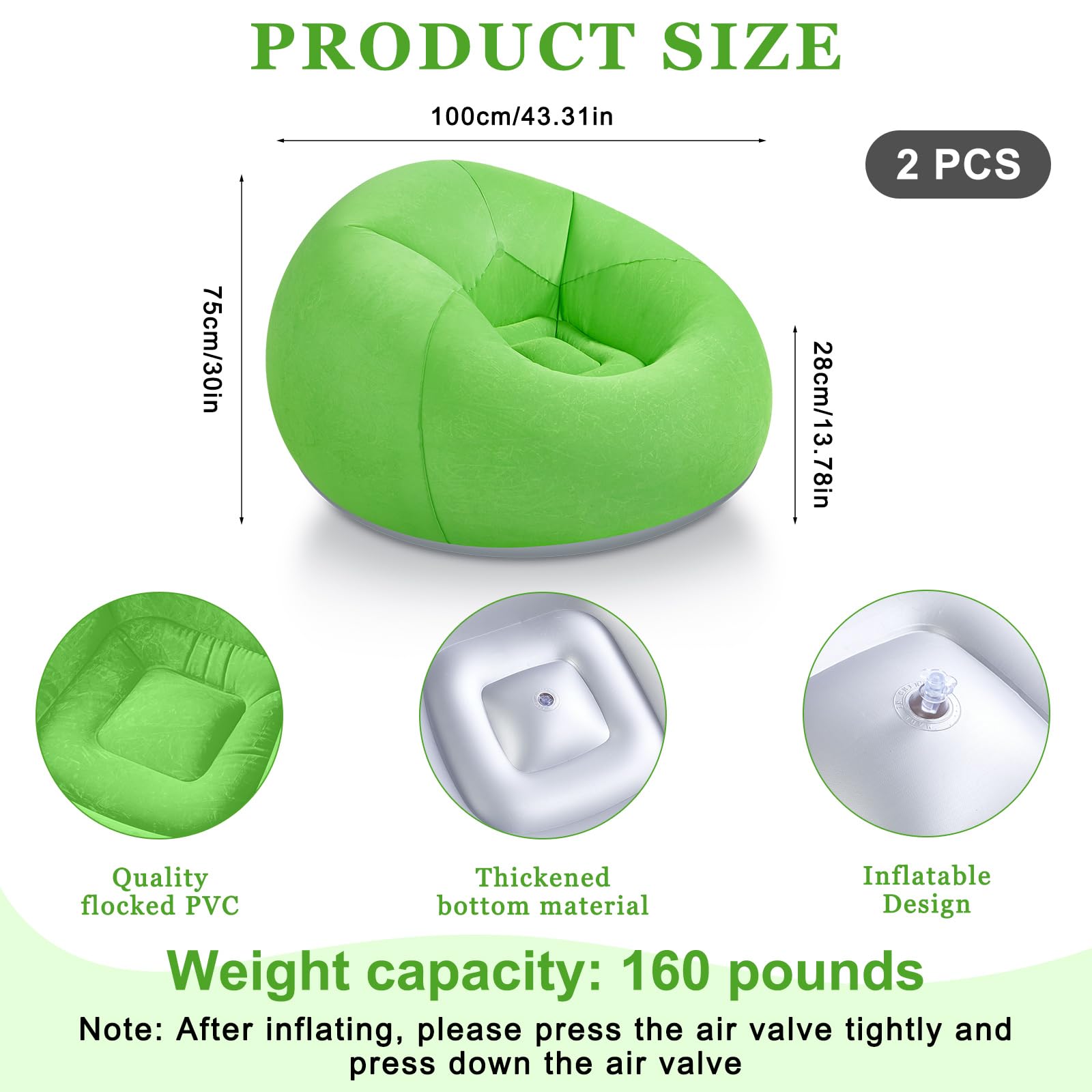 Realspring 2 Pcs Bean Bag Chairs for Adults Kids Inflatable Chairs with Electric Air Pump Blow up Chair Inflatable Lazy Sofa Folding Portable Inflatable Chair for Living Room Bedroom(Green)