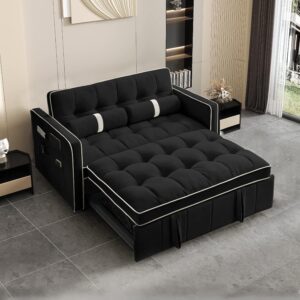 geevivo pull out sofa bed, 55.5" loveseat sleeper sofa bed, with side pocket storage, adjustable backrest and waist pillow, suitable for small space, living room, bedroom, office(black)