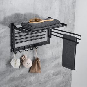 towel rack with 7 towel bar holder foldable towel shelf with movable hooks wall mounted lavatory towel organizer space saving towel holder black