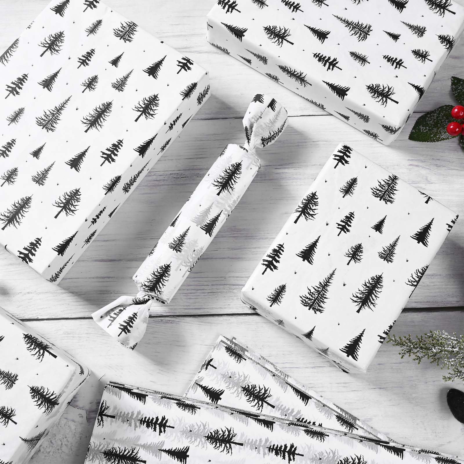 Bolsome 100 Sheets 20 * 14 Inches Christmas Tissue Paper for Gift Wrapping Black White Xmas Tree Printed Tissue Paper for Gift Bags for Xmas Party Baby Shower Birthday Party DIY Craft