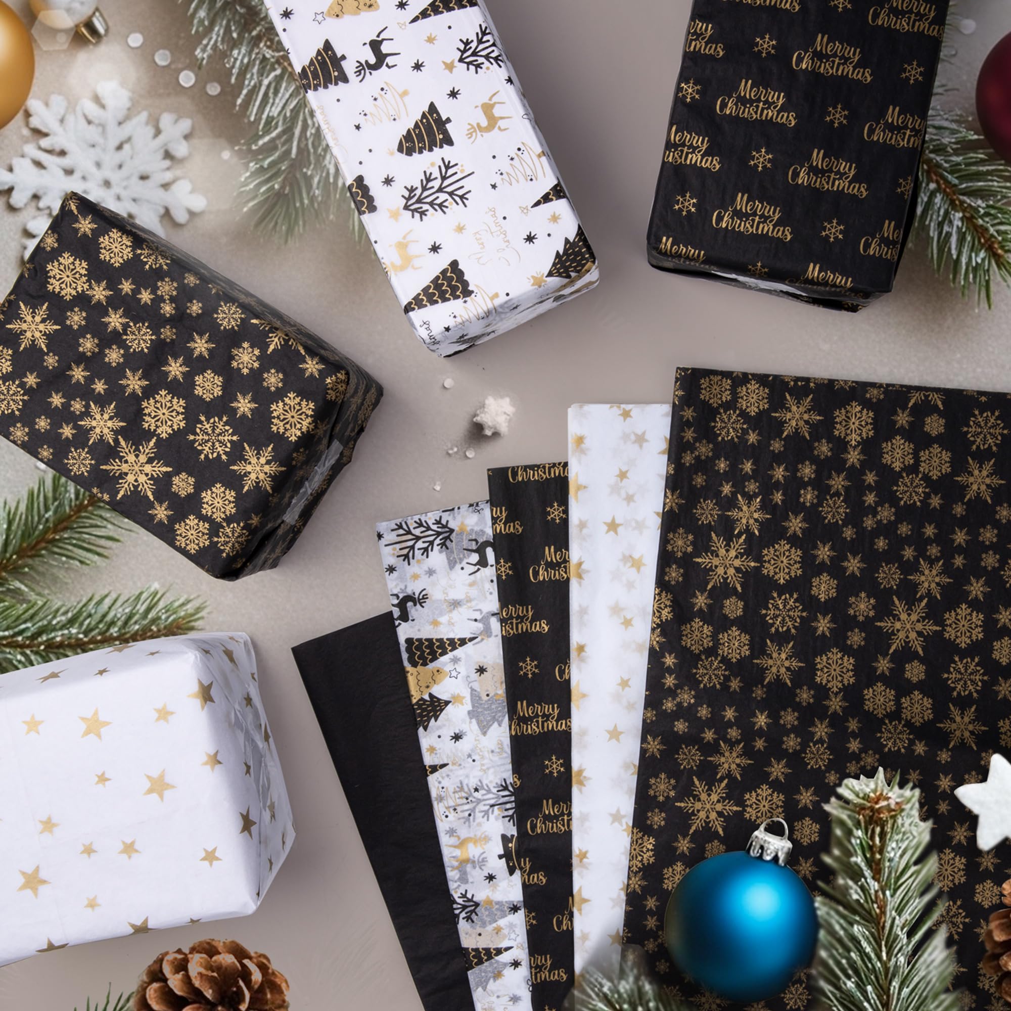 BeBesta Christmas Tissue Paper Black Gold Wrapping Paper Tree Reindeer Gift Wrapping Tissue Paper Merry Christmas Art Paper Crafts for Home DIY Gift Bags New Year Decor, 100 Sheets