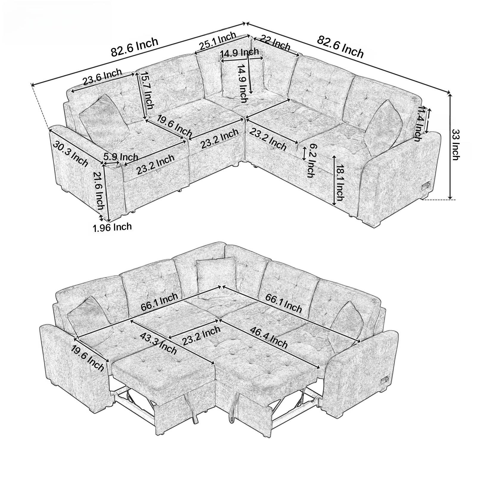 ChicFurnit 82.6-Inch L-Shape Sofa Bed with Pull-Out Sleeper & Wheels,Modular Couch with USB Ports & Power Sockets,Three Pillows with Removable Cover,for Living Room,Khaki