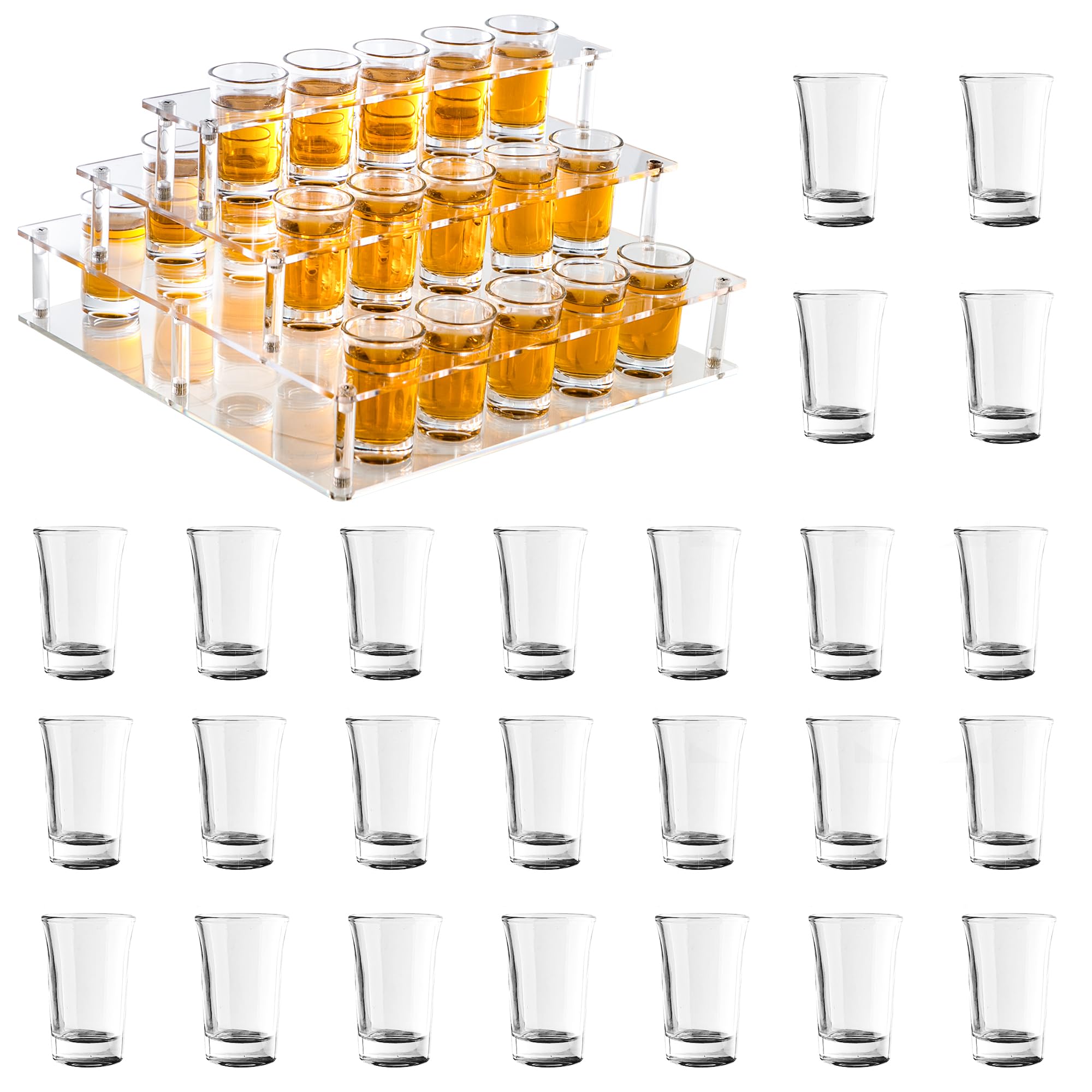 HeiMma Shot Glasses Set of 25 with Holder, 1.7Oz/50ml Shot Glasses, Shot Display Stand, Shot Glass Serving Tray with LED Light for Party, Bar, Drinking Club, Restaurant