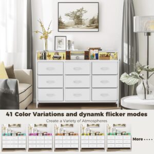 White Dresser for Bedroom, 9 Drawers Dresser with LED Lights & Charging Station, Large Fabric Dresser with PU Finish, Kids Adults Chest of Drawers with Sturdy Frame for Entryway Closet Living Room