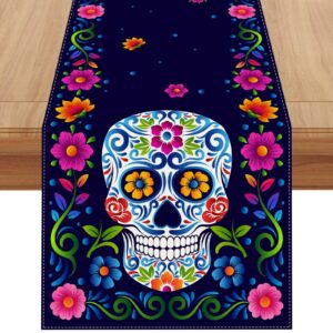 linen dia de los muertos table runner 72 inches long day of the dead tablecloth mexican fiesta themed party decorations and supplies for home kitchen dining room table