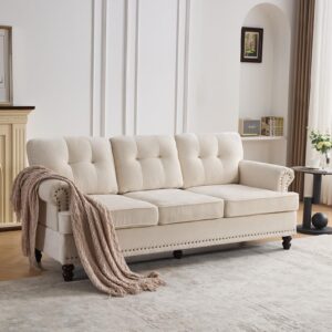 tufted 3 seater sofa couch, rolled arms mid century modern sofa, home sofa living room with rivets, and solid wood legs, modern couches for living room, bedroom, guestroom, apartment, beige