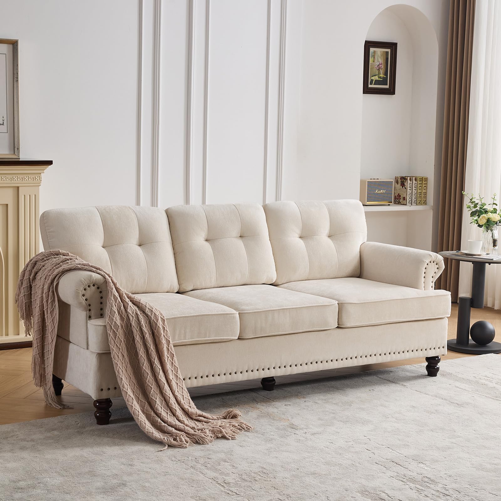 Tufted 3 Seater Sofa Couch, Rolled Arms Mid Century Modern Sofa, Home Sofa Living Room with Rivets, and Solid Wood Legs, Modern couches for Living Room, Bedroom, Guestroom, Apartment, Beige