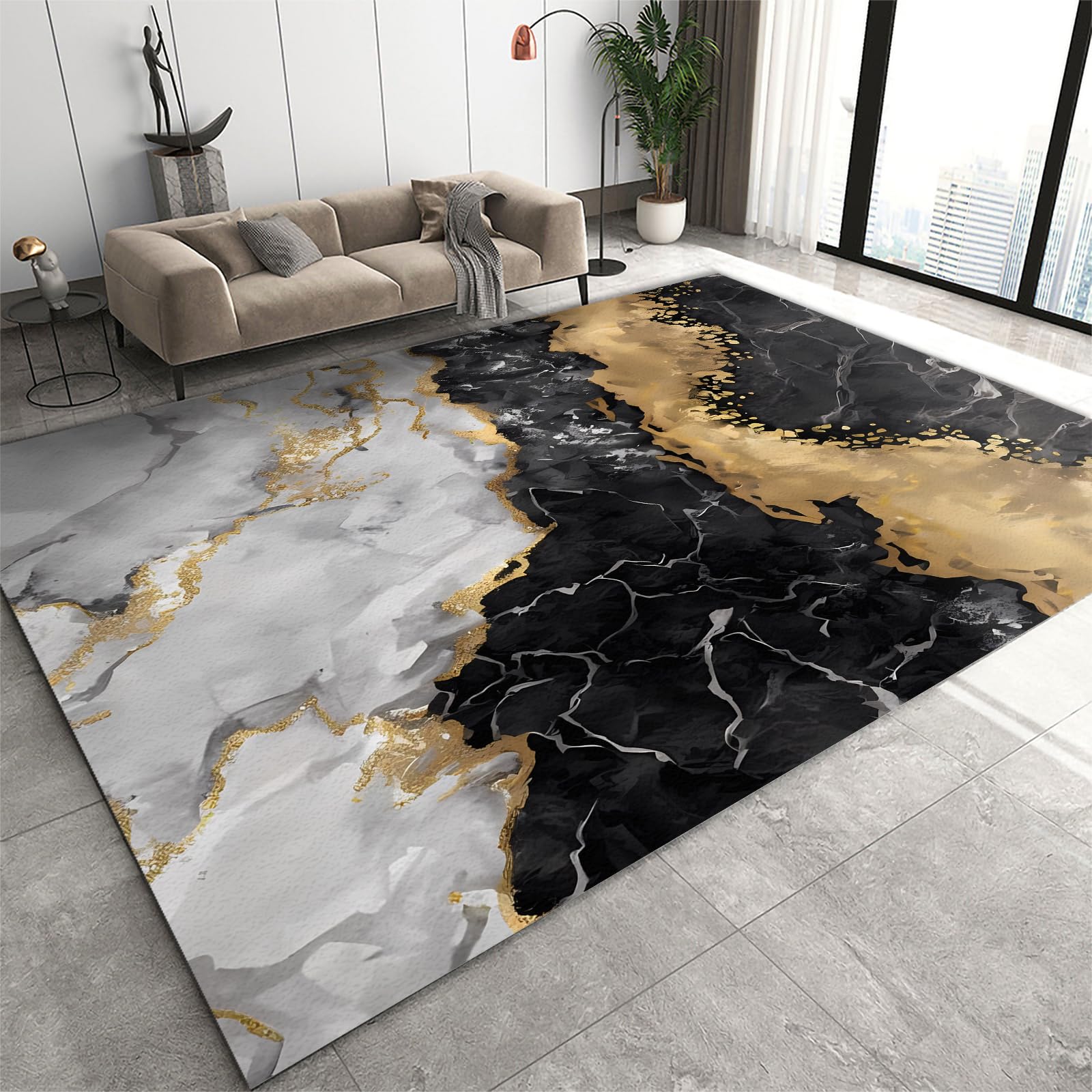 Nordic Black Gold Marble Area Rug, Luxury Gray Marble Rugs for Living Room, Low Pile Non-Slip Home Decor Carpet for Bedroom Study Dining Room Floor Mat - 6 ft x 8 ft