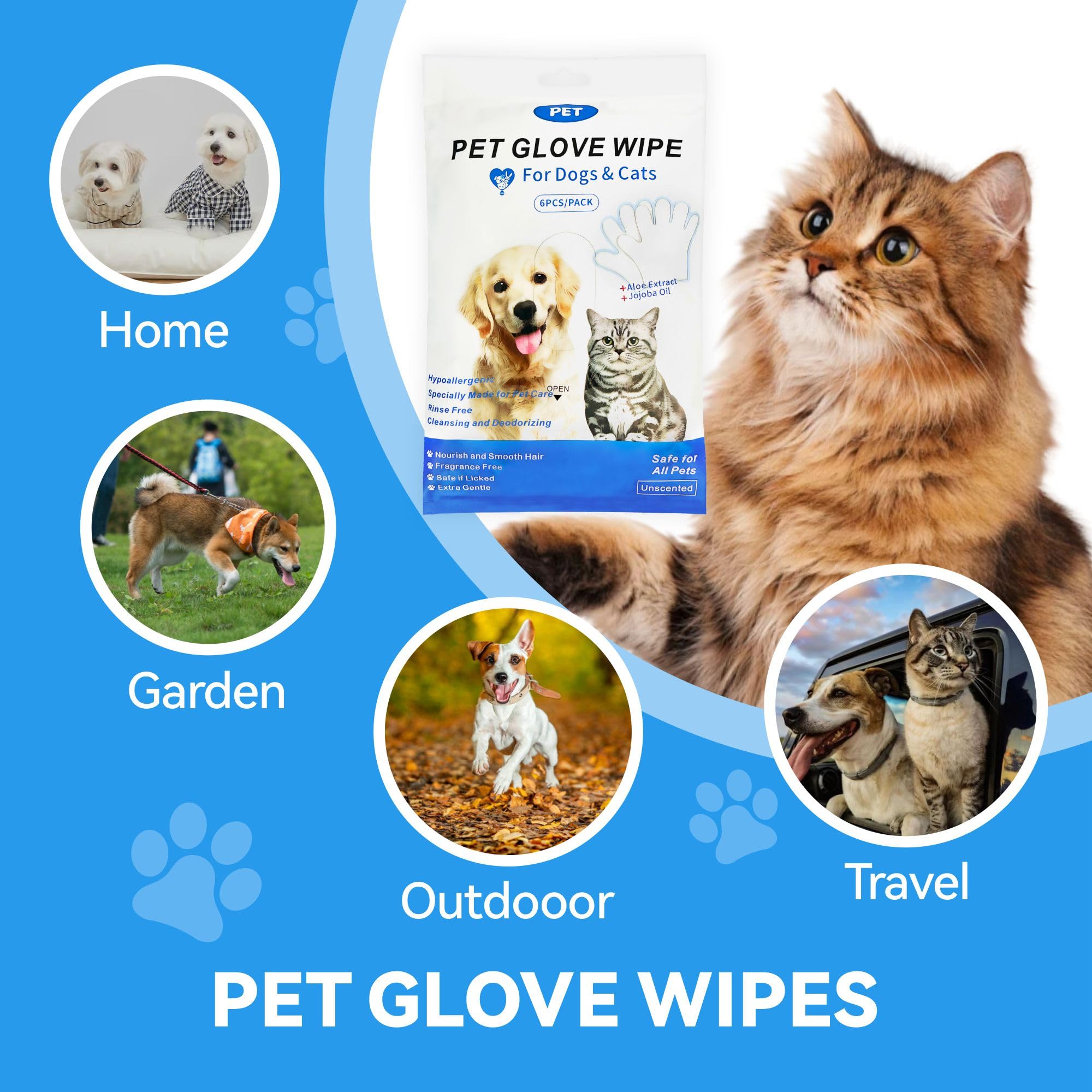 YUVEXAHOO Dog Wipes Cleaning deodorizing, Extra Thick Dog Wipes, Dog Washing Gloves for Daily pet Care and Travel, 6 PCS (Blue Packing, Extra-Thick)