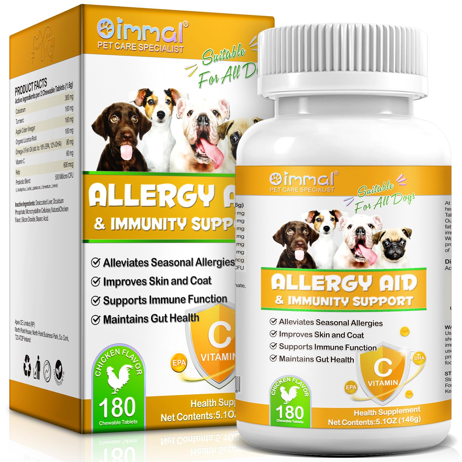 Allergy Support for Dogs, 180PC Allergy Aid Chewable Tablets for Seasonal Allergy, Supports Immune Function, Dry & Itchy Skin Relief, Dog Supplement Vitamins Tablets - 180 Tablets/Chicken Flavor