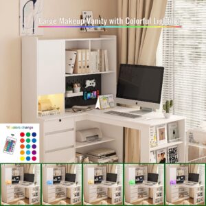 RuiSiSi Home Office L Shaped Corner Desk with Hutch, Drawers & Bookshelf, Modern Desk with LED Light, Study Table Writing Desk, Gaming Computer Desk with Storage, White