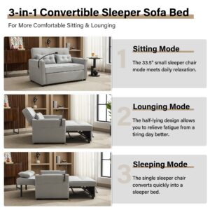 Convertible Loveseat Sleeper Bed, 3-in-1 Chaise Lounge Chair with Pillow and USB Charging, Reading Chair for Adults with Cup Holder, Side Pocket, Lounge Sofa for Bedroom with Phone Holder, Grey