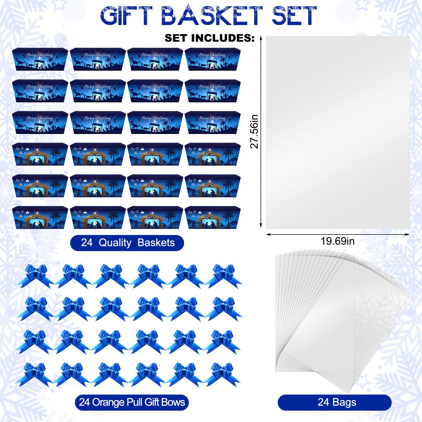 Cholemy 72 Pcs Christmas Gift Baskets Empty to Fill Kit DIY Basket for Gifts Empty Bulk 24 Market Tray Favor with Handles 24 Clear Basket Bags 24 Bows for Xmas Holiday Birthday(Nativity Scene)