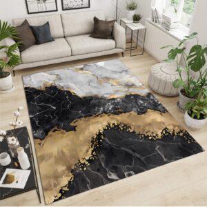 Nordic Black Gold Marble Area Rug, Luxury Gray Marble Rugs for Living Room, Low Pile Non-Slip Home Decor Carpet for Bedroom Study Dining Room Floor Mat - 6 ft x 8 ft