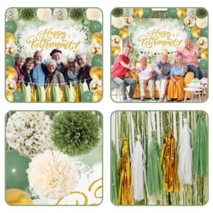 Sage Green Retirement Party Decorations - Happy Retirement Banner Foil Curtains Backdrop Tissue Paper Pom Poms Latex and Confetti Balloons for Retirement Party Supplies