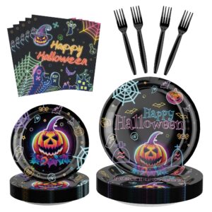 150 Pcs Neon Halloween Party Supplies for 16 Guest, Glow in The Dark Halloween Paper Plates and Napkins Disposable Tableware Set Include Knife Fork Spoon for Happy Halloween Birthday Party Supplies